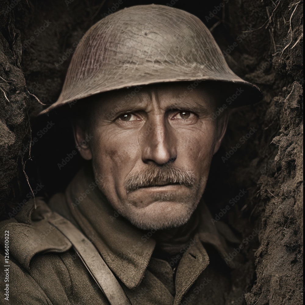 ภาพถ่าย Stock World War I soldier portrait in desolate trench setting ...