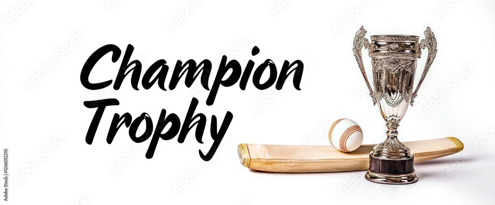 "Champion Trophy" text with a detailed cricket trophy, bat, and ball ...