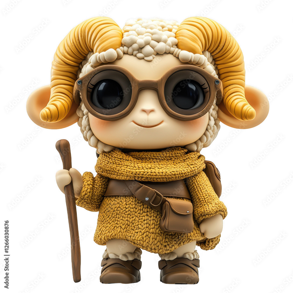 3D Cute Ram with Sunglasses and Staff Figurine Character Isolated on ...