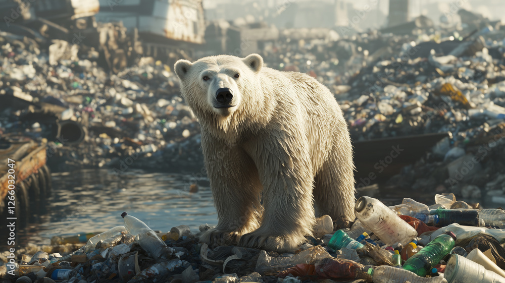 Polar bear navigating a sea of plastic waste in an Arctic environment ...