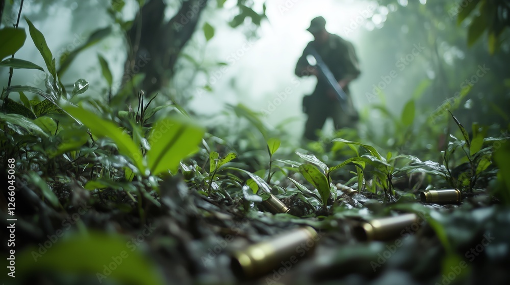 Spent rifle shells scattered across rainforest floor, military ...