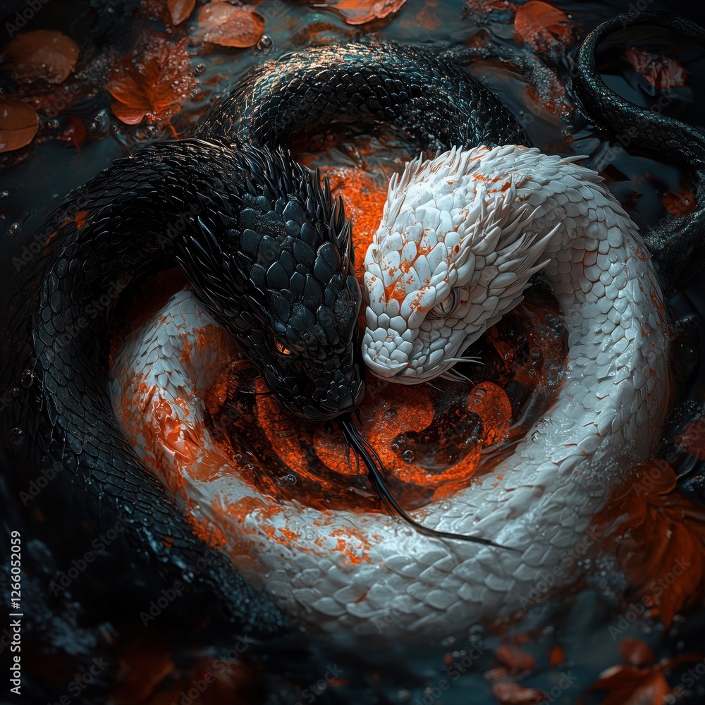 Two intertwined serpents, black and white, around a ring of fire Stock ...