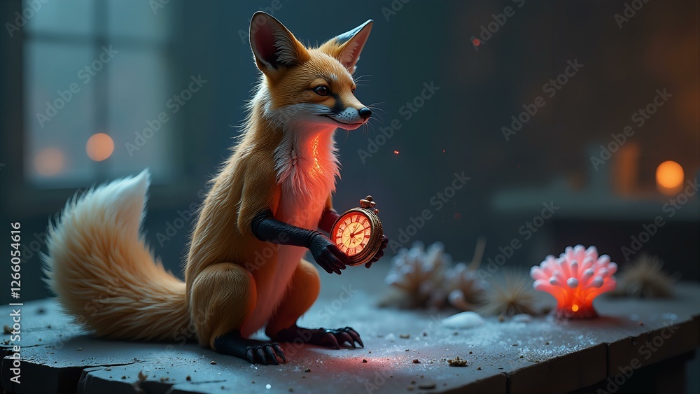 Steampunk taxidermy fox with mechanical limbs and glowing veins stands ...