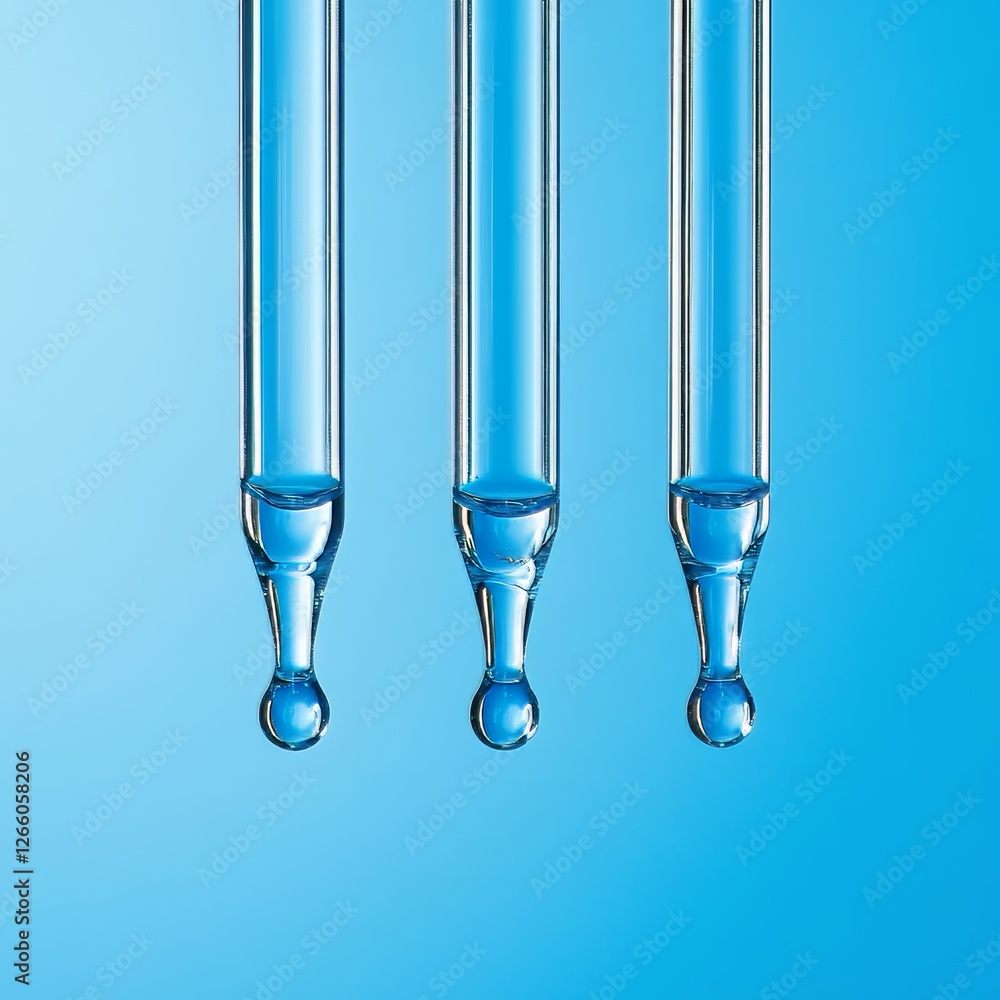 Droplets falling from glass pipettes against a blue background in a ...