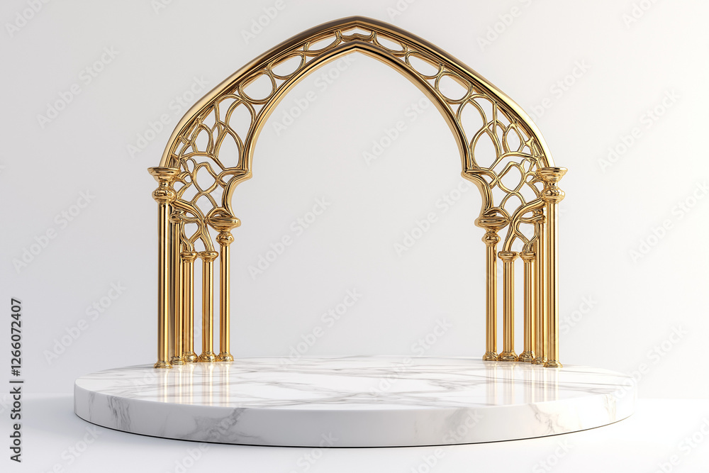 Luxurious golden Islamic arch with marble platform, elegant Arabic ...
