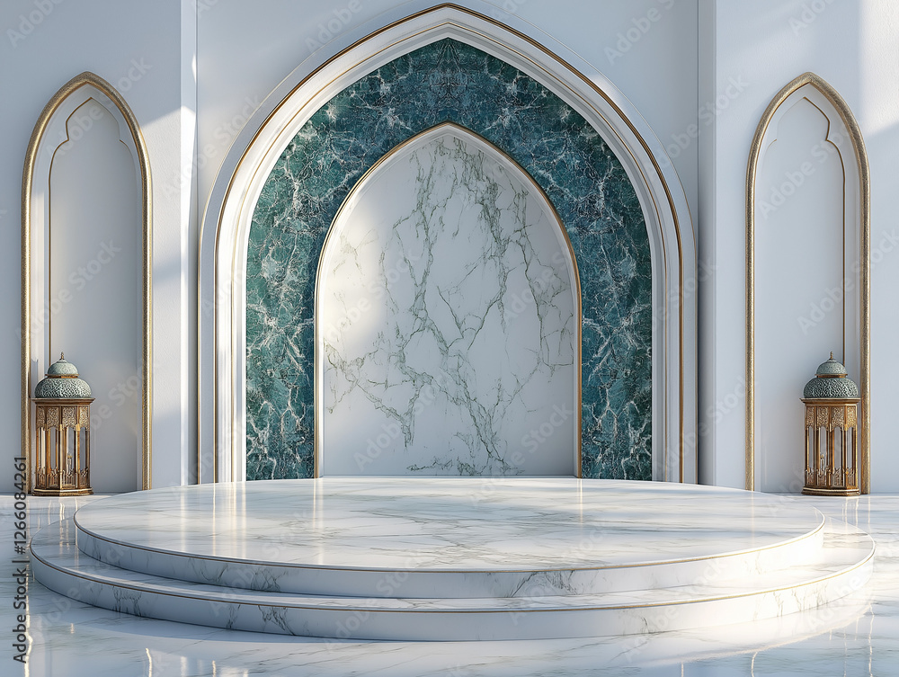 Grand Islamic hall with marble flooring, elegant arches, and golden ...