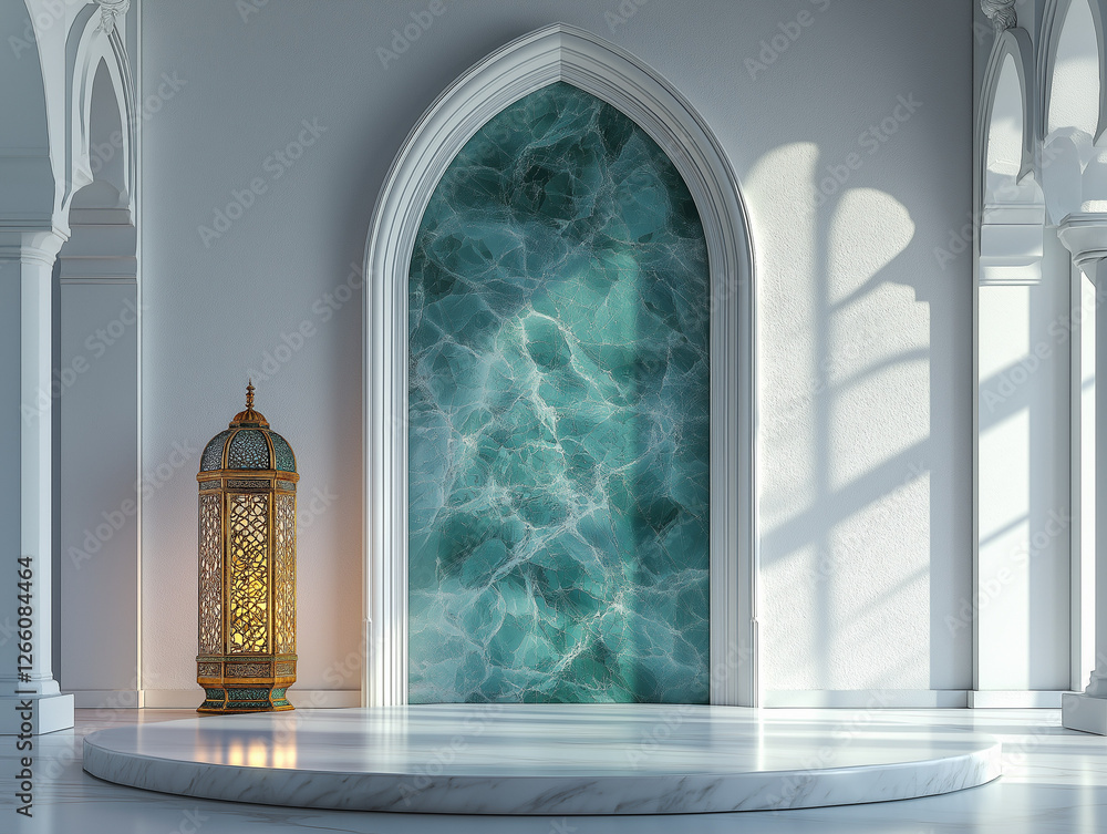Grand Islamic hall with marble flooring, elegant arches, and golden ...