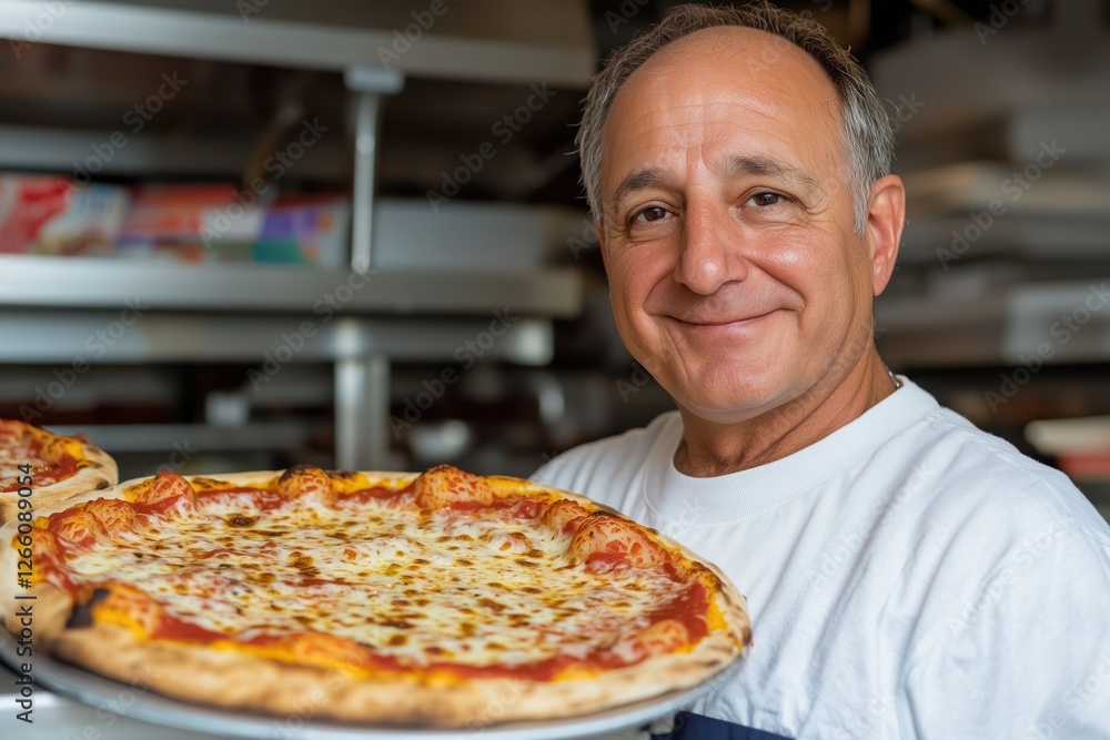 Smiling Mature man showing the pizza he just baked at his Italian ...