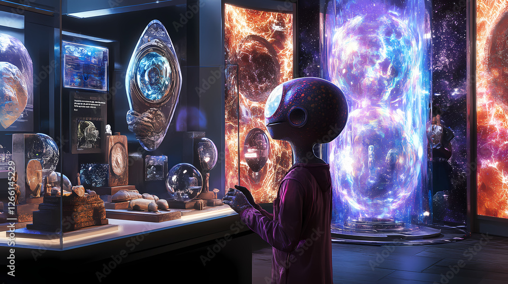 Photo depicting an alien explorer examining human artifacts in a museum ...
