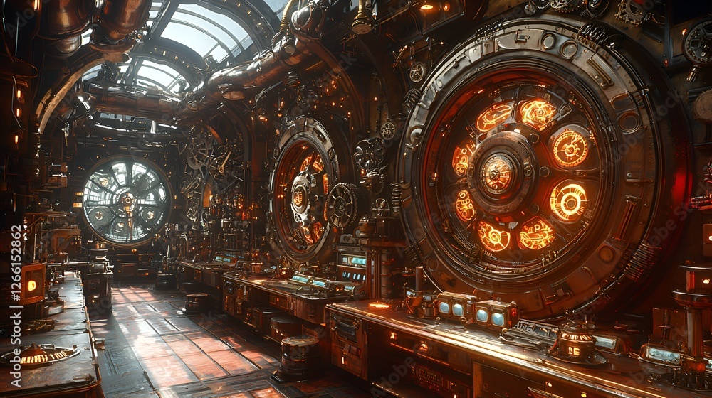 Steampunk lab interior, complex machinery, sunlight through arched window, futuristic background ...