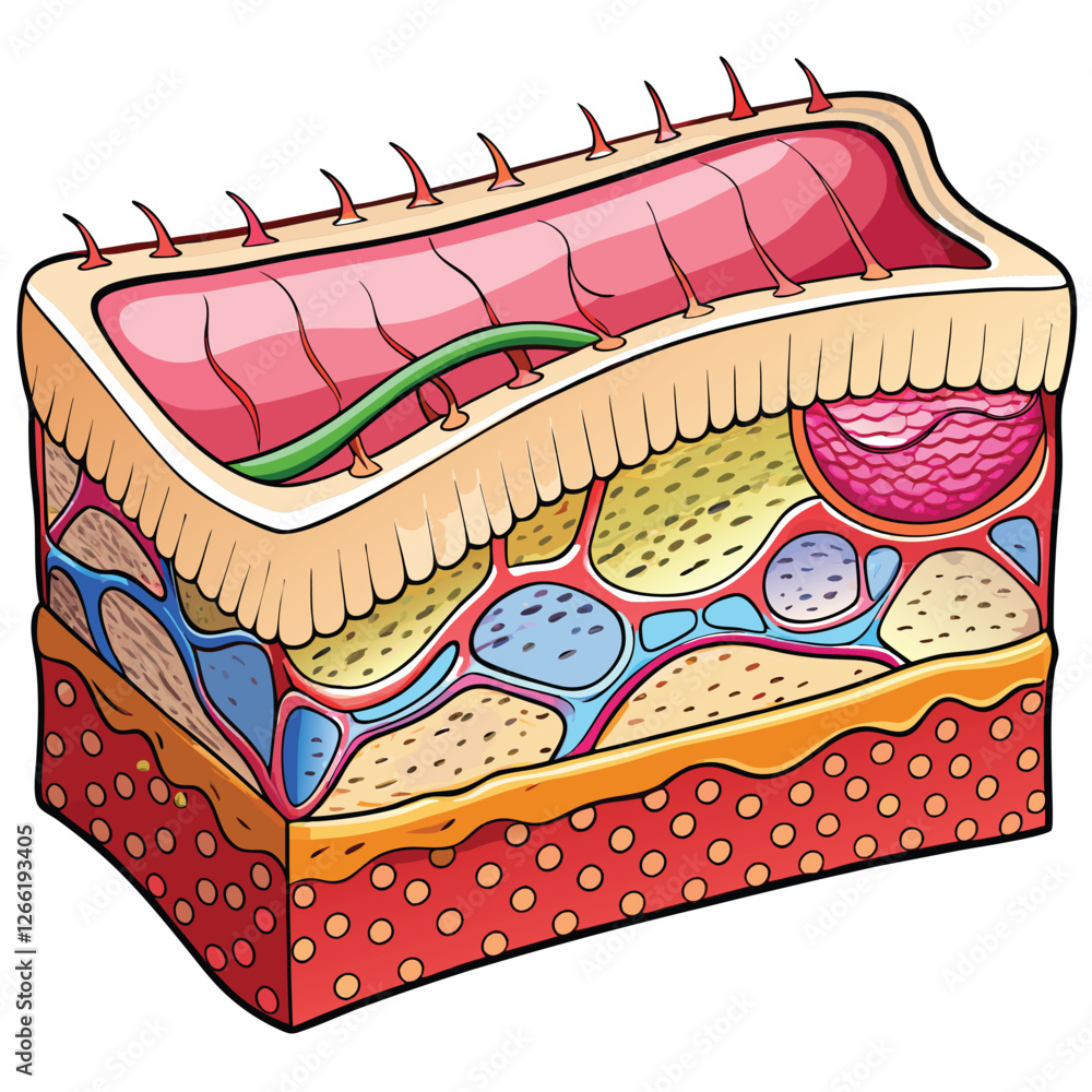 Highly detailed microscopic cross-section of human skin, showcasing the ...