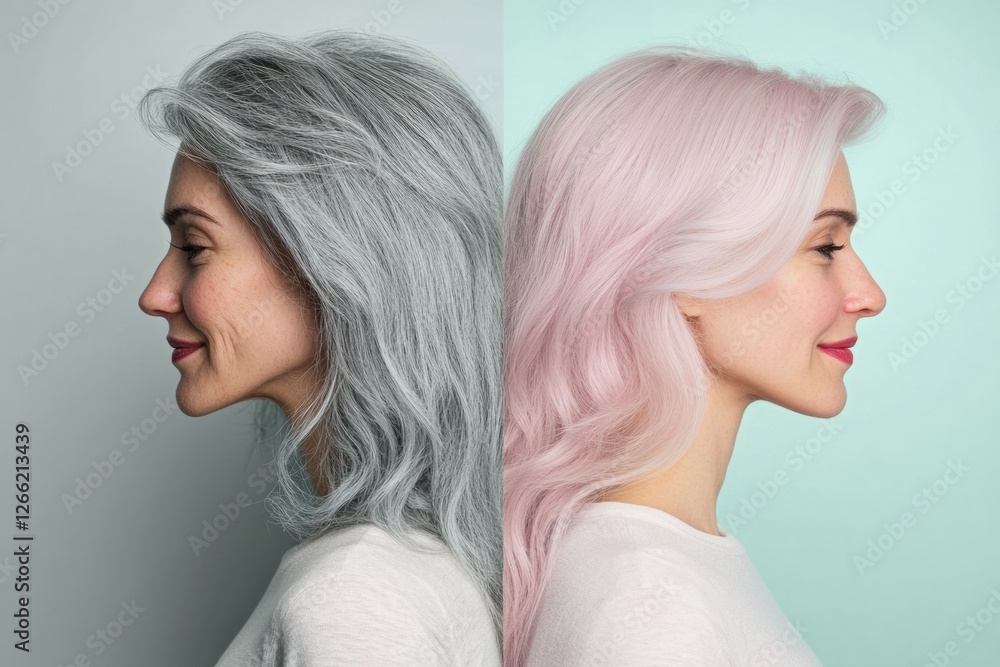 Transformation from gray to vibrant dyed hair showcasing confidence and style in a side by side ...