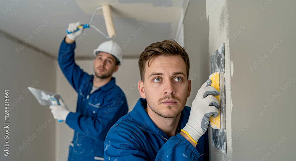 Painters doing home renovation work. Construction workers plastering ...