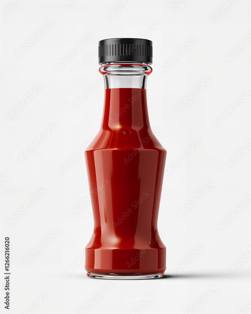 Glass bottle of ketchup with a black lid standing against a light ...