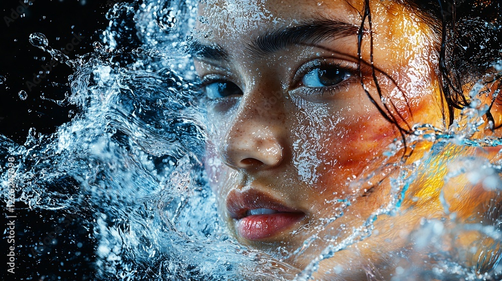 Woman, water splash, face, portrait, studio, beauty, black background ...