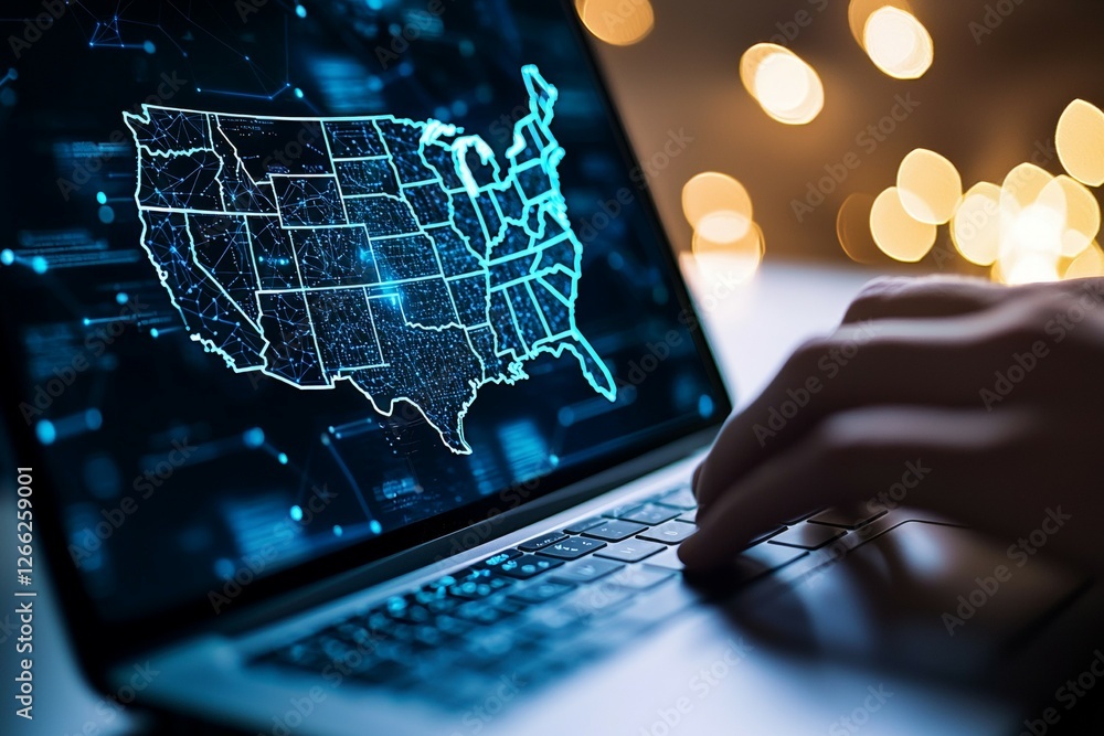 Person is typing on a laptop with a map of the United States on the ...