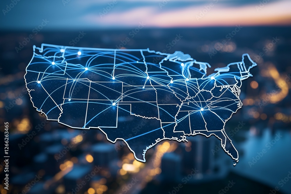 Map of the United States with a network of lines connecting the cities ...