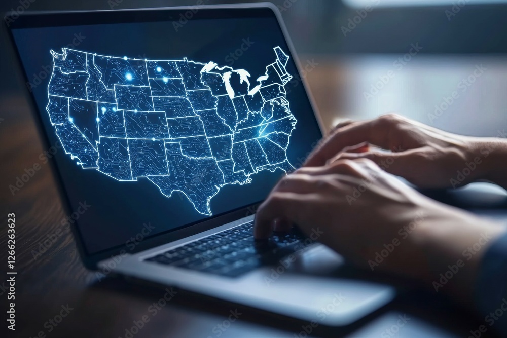 Person is typing on a laptop with a map of the United States on the ...