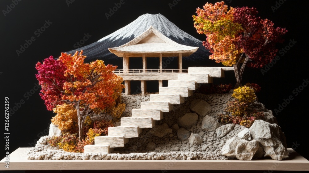 Japanese pagoda model with tree and rock in a miniature diorama ...