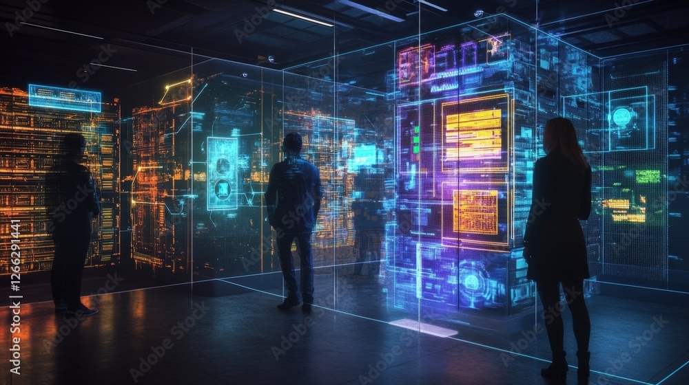 An interactive holographic display of a digital twin monitoring a simulated data center ...