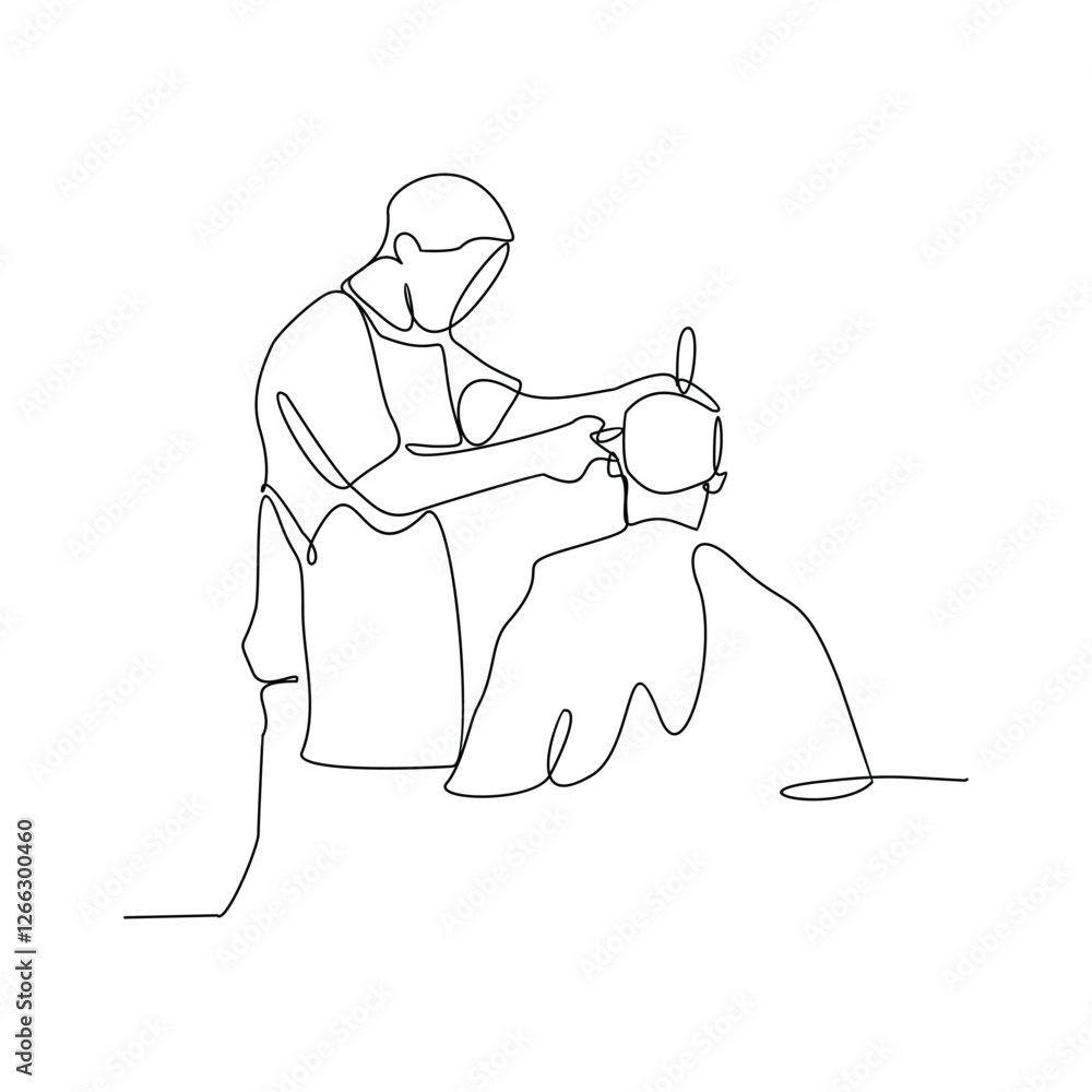 One continuous line drawing of a barber is shaving his customer in the ...