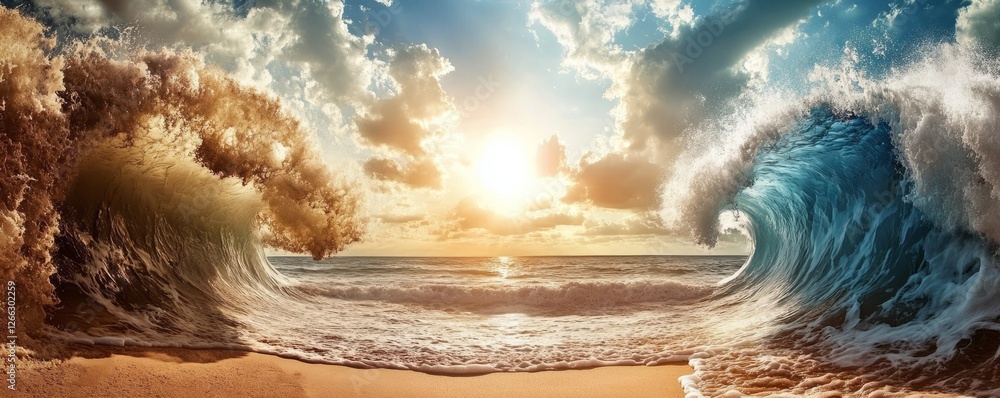 A split scene showing the Red Sea with two large waves, one on each ...
