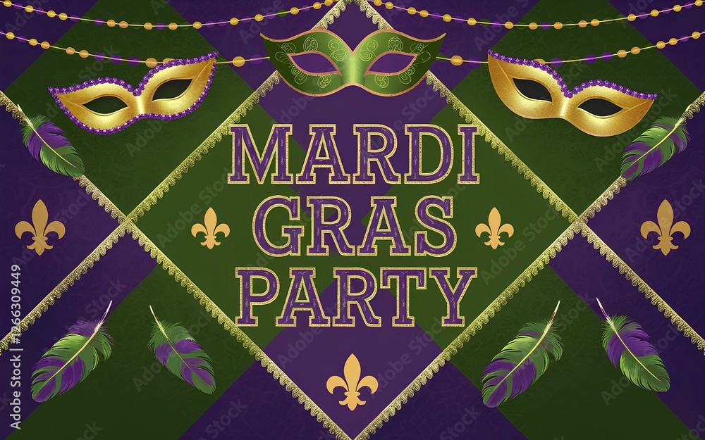Mardi Gras Party text in bold serif font with a gold outline on ...