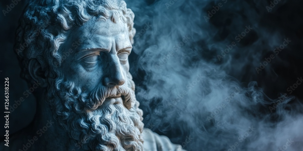 Ancient Greek philosopher statue, dark background with smoke, dark blue ...