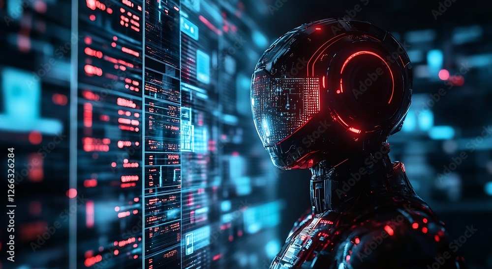 Sleek Cybernetic Android with LED Lights and Data Streams in High-Tech Environment : Generative ...