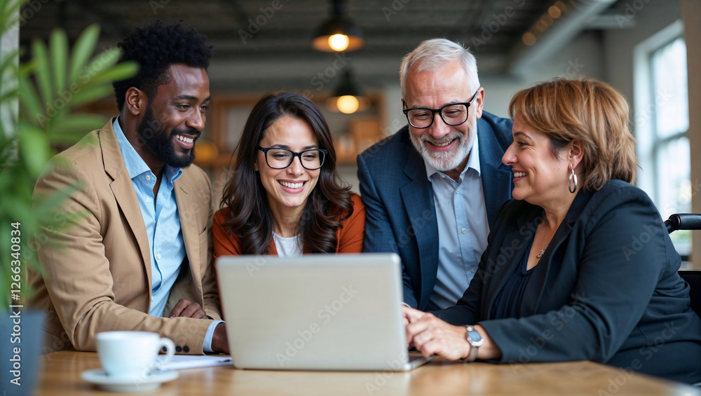 Multi-ethnic group of four smiling business colleagues collaborating on ...