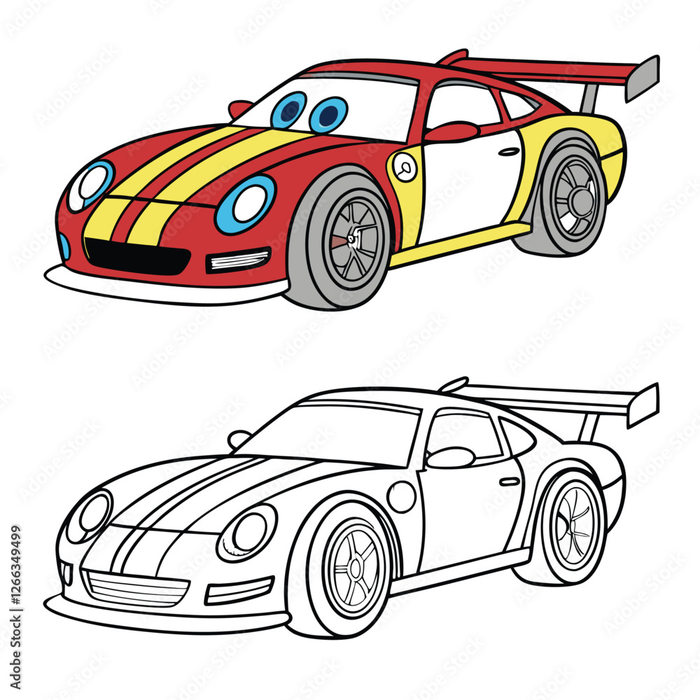 Cartoon Car Coloring Page: Race Car Illustration, Printable Activity ...