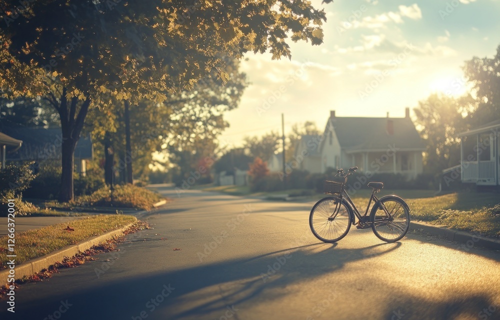 Bicycle on a quiet suburban street at sunset. Stock Illustration ...