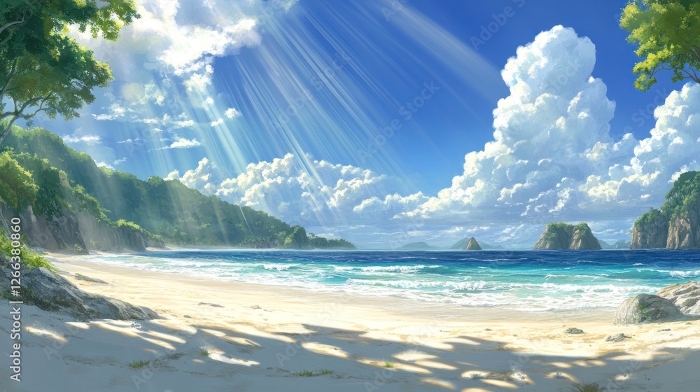 Tropical beach sunrise, island paradise, sunbeams, ocean waves, game ...