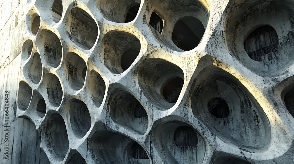 Abstract concrete wall with round holes in the shape of a circle. Stock ...