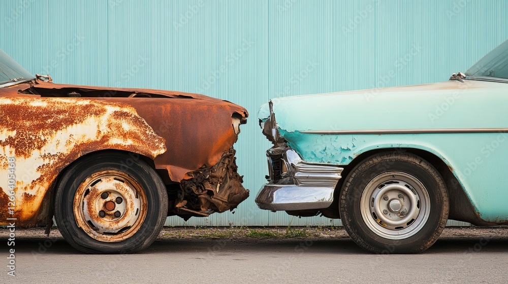View of a dented rusted car alongside a perfectly repaired car showing ...