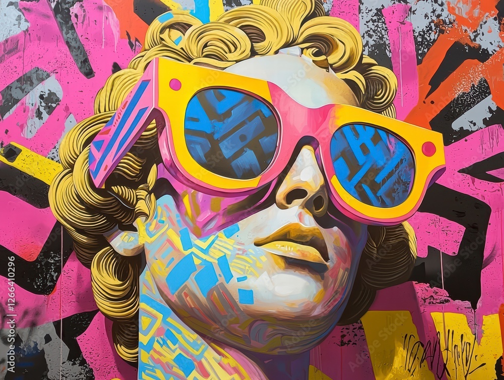 Neoclassical Remix: A vibrant, street art-style portrait of a classical ...