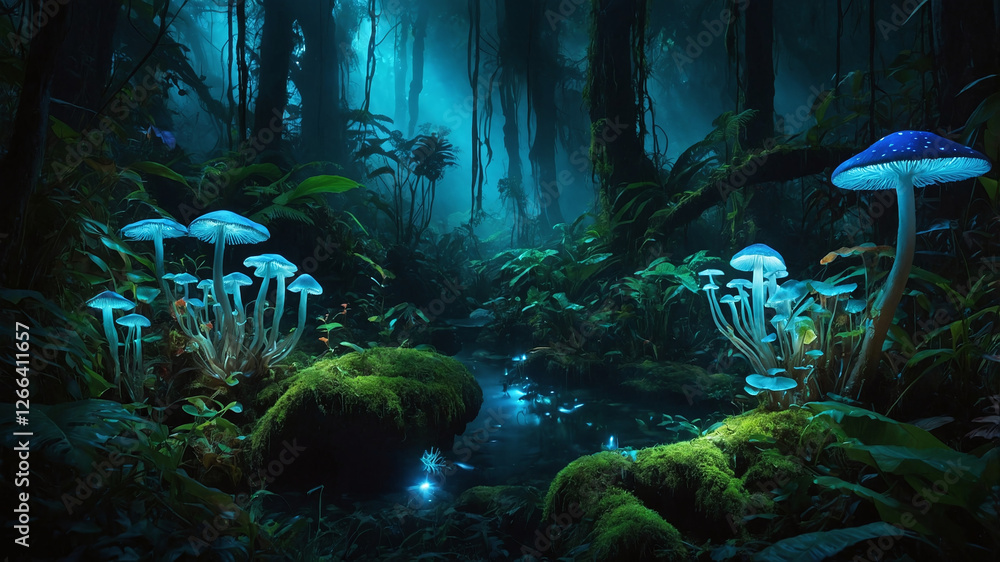 Lush rainforest glowing with bioluminescent plants and mushrooms Stock ...