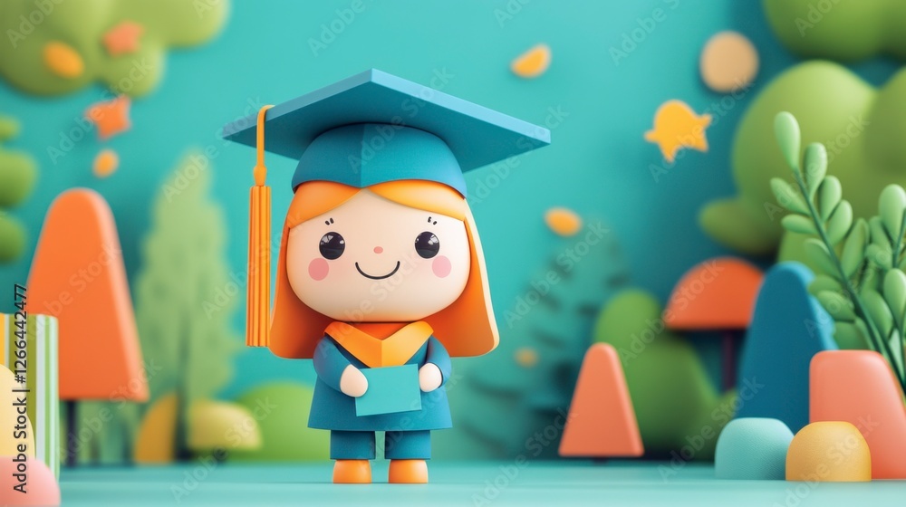 Cute Graduation Character with Cap and Gown in a Colorful Landscape ...
