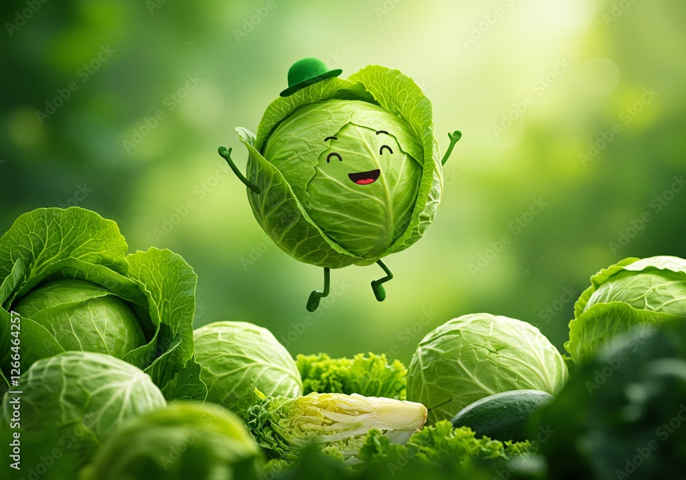 Happy Jumping Cabbage Cartoon Illustration Green Vegetables Stock ...