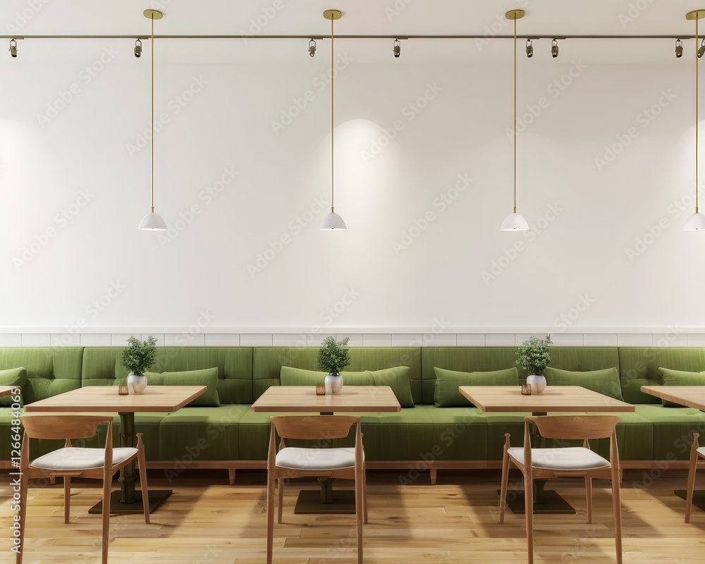 Modern cafe interior with green velvet banquette seating. wooden tables ...