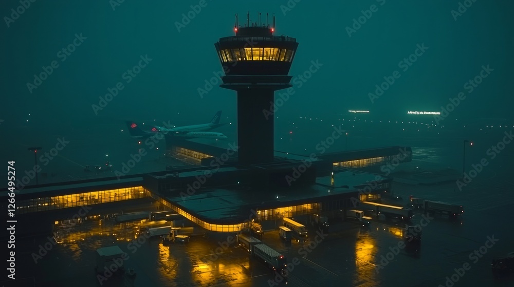 Singapore Changi Airport at night with the illuminated air traffic ...