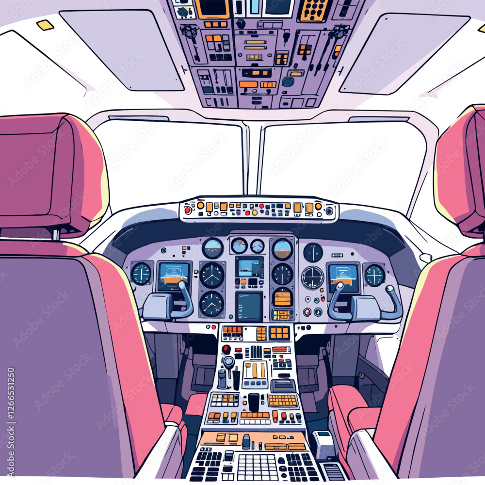 Empty cockpit of a modern passenger airplane with control panel and ...