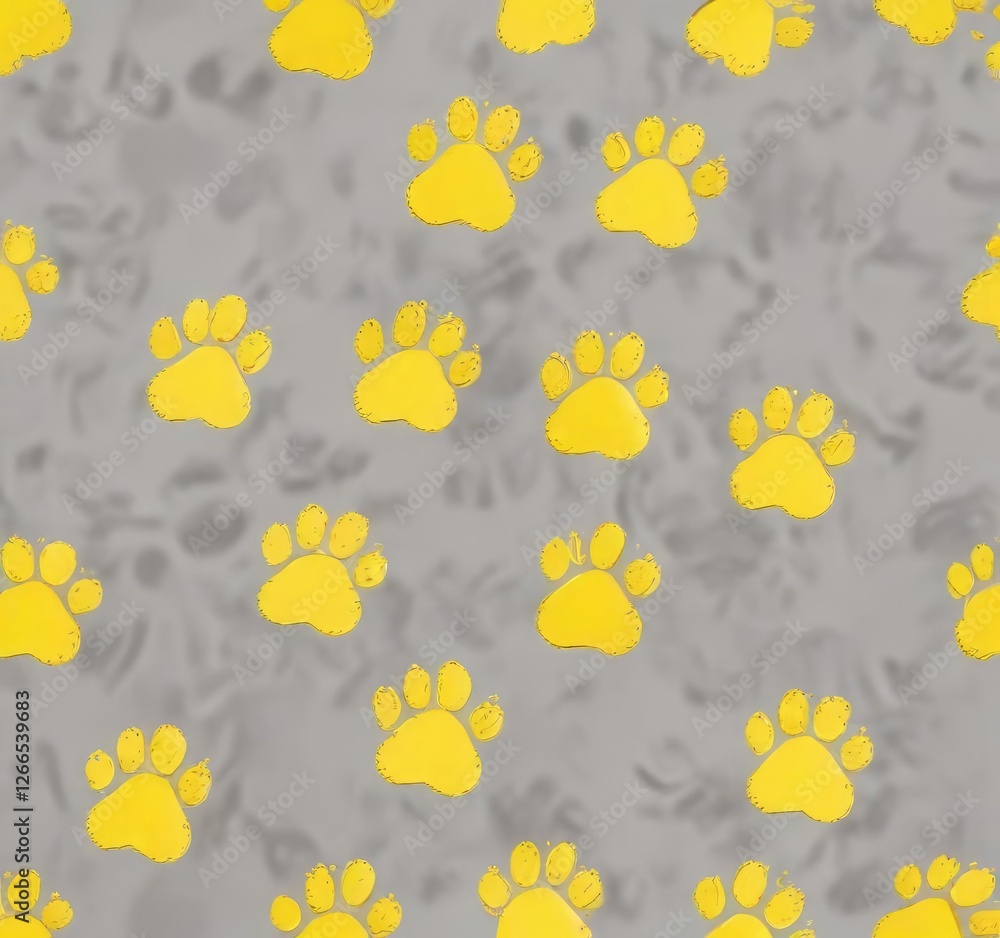 Doodle style yellow paw prints in different sizes and shapes on a plain ...