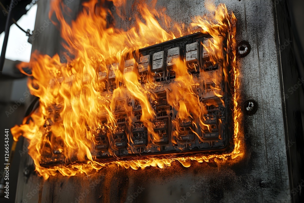 Electrical fire engulfing control panel, depicting malfunction and ...