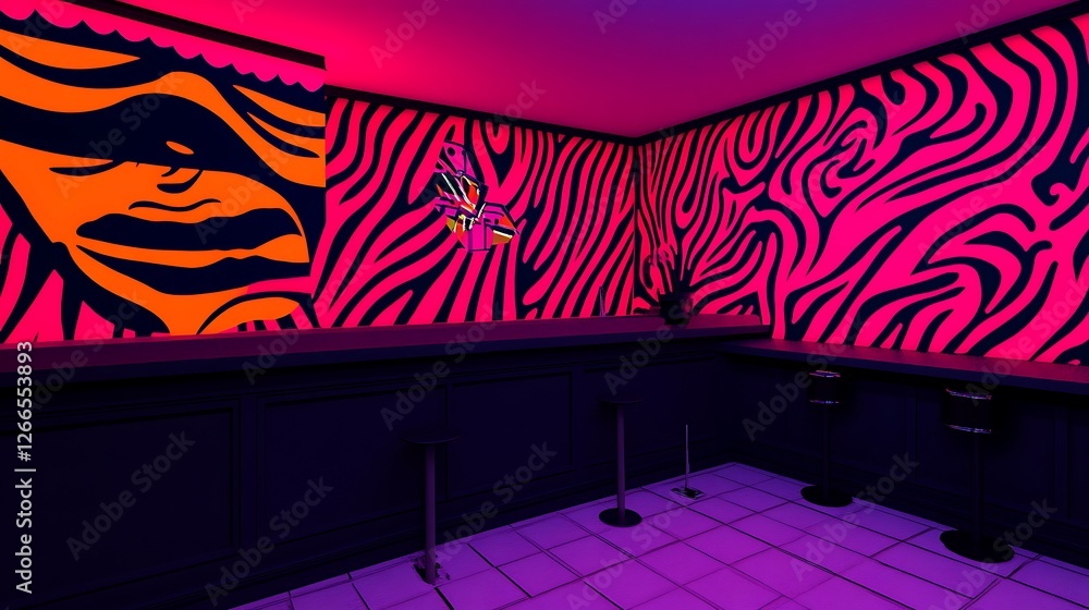 Vivid zebra patterns adorn club corner as patrons enjoy nightlife. Use ...