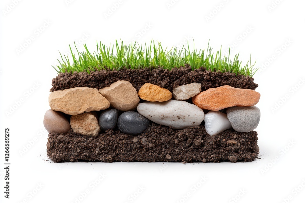 Pile of rocks and green grass on a white background for nature and ...