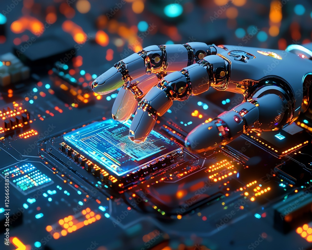 3D robot finger activating an AI chip, document management system ...