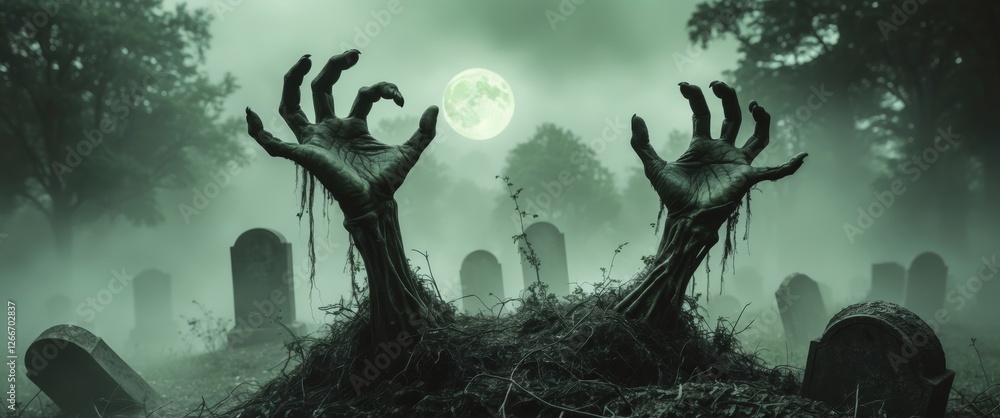 decaying zombie hands erupting from misty graveyard soil twisted ...