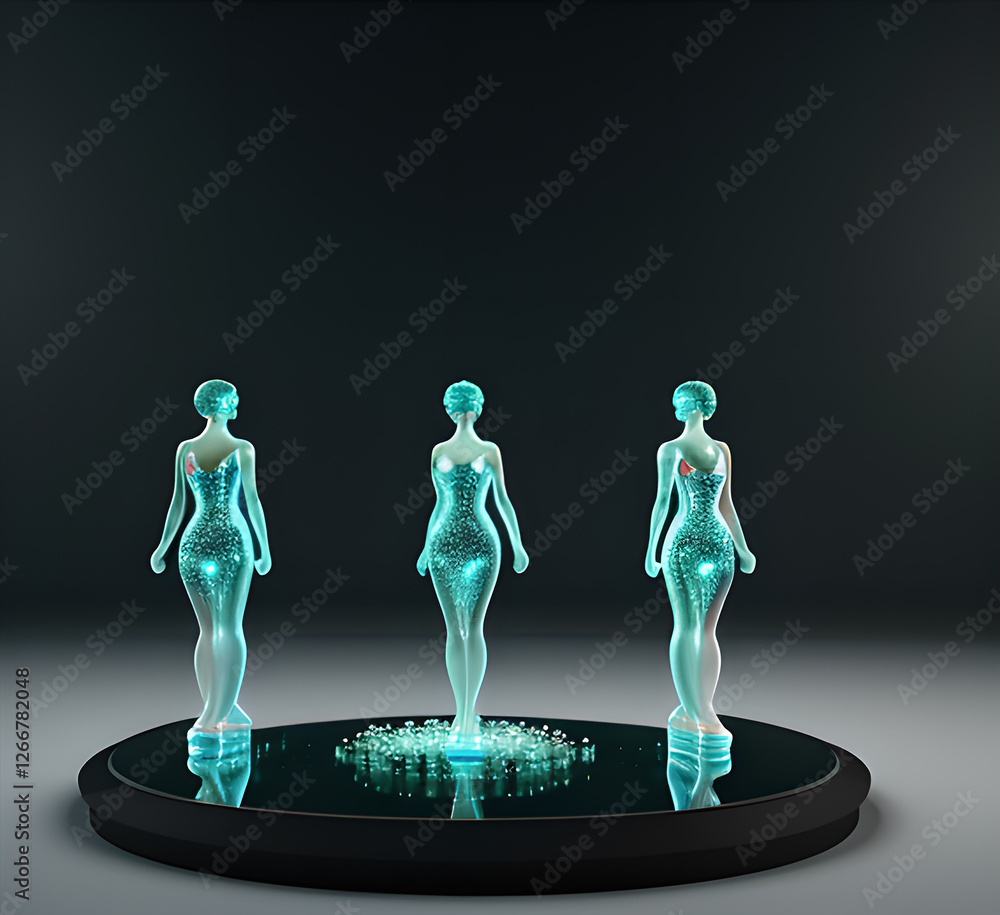 Abstract surrealistic illustration of glass statue several people ...