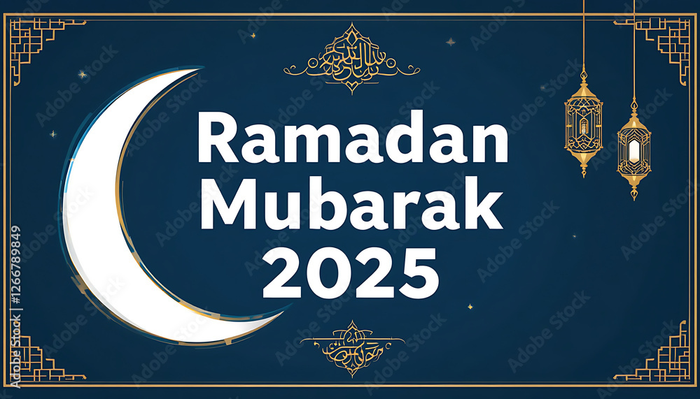 Ramadan 2025 Celebration with Crescent Moon, Mosque Silhouettes, and ...
